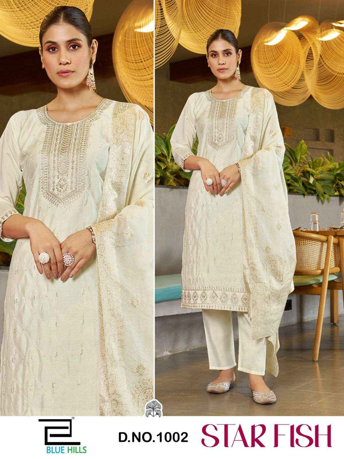 BLUE HILLS STAR FISH SILK FANCY EMBROIDERY DESIGNER KURT COMBO SET